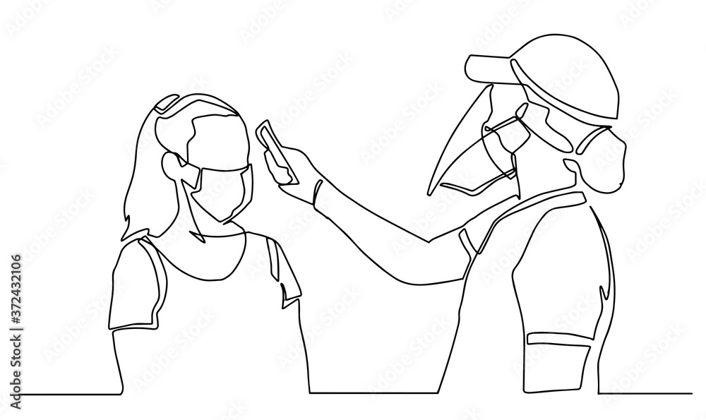 Medical staff check body temperature at woman. Continuous one line ...