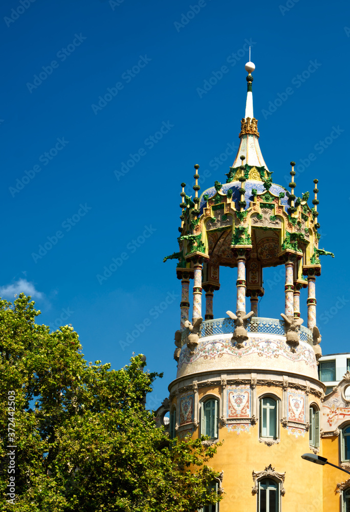 Yellow turret detail including a window with a balcony tiled beautiful ...
