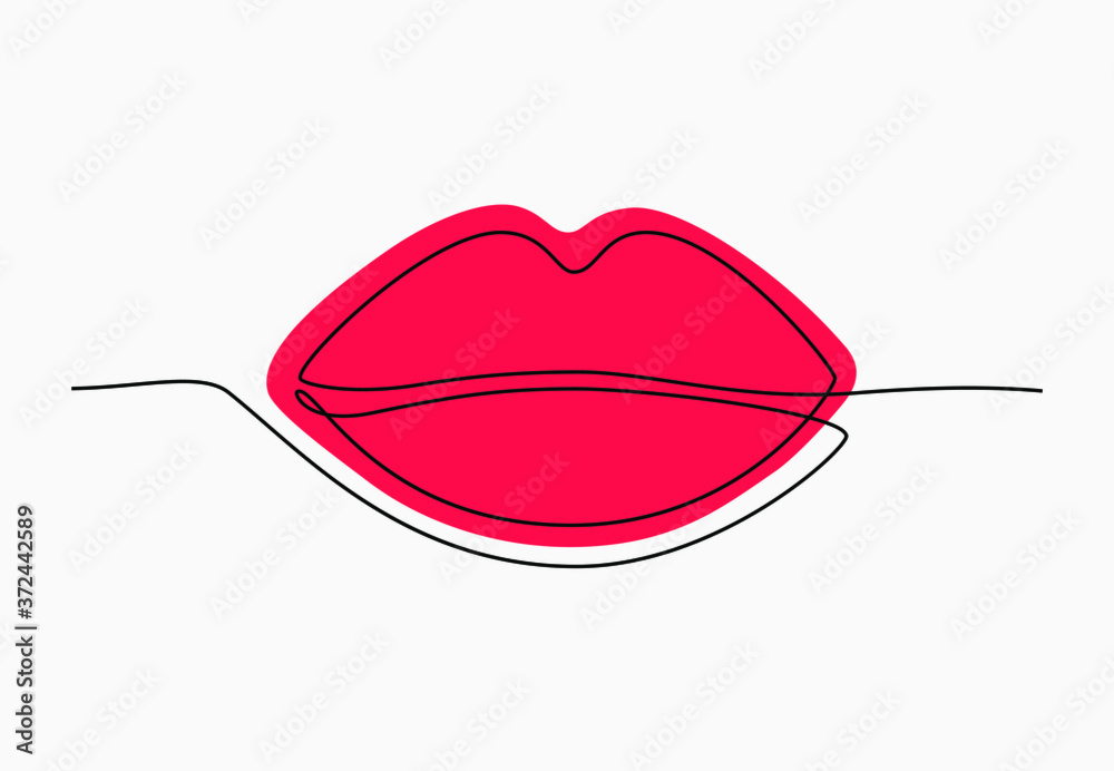 Continuous one line drawing of lips. Woman red lips logo for makeup ...