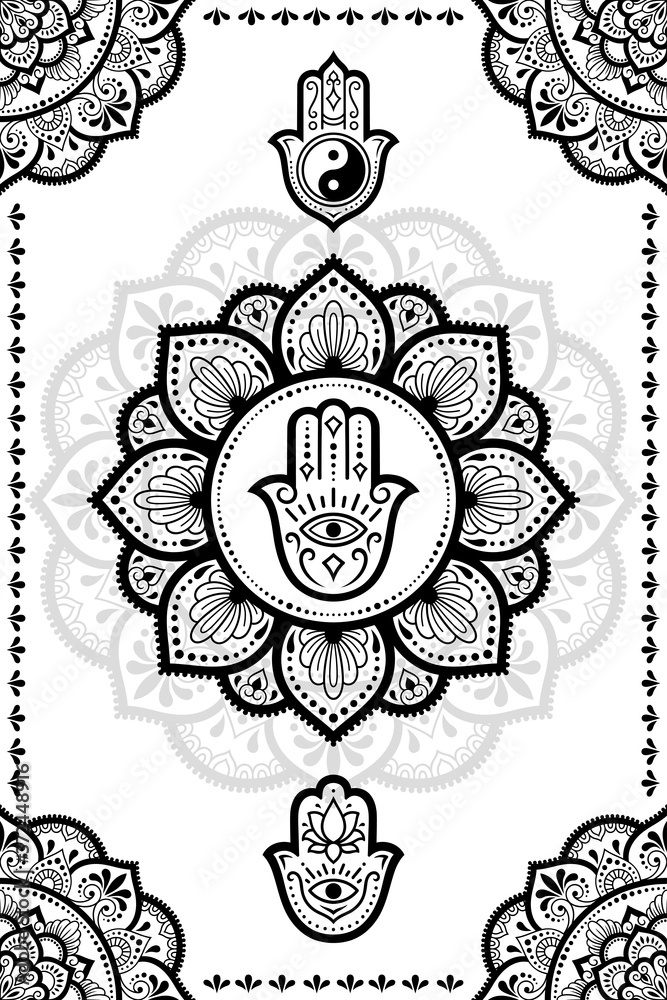 Set of Eastern ethnic religious symbols. Mandala, Hamsa, OM mantra, Yin ...