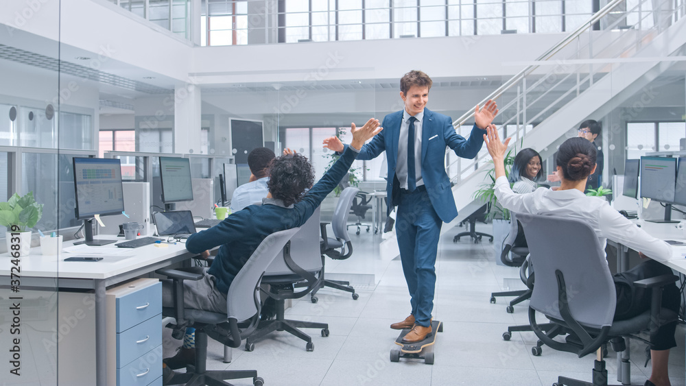 Young Happy Handsome Manager Wearing a Suit and Tie Rides a Longboard ...