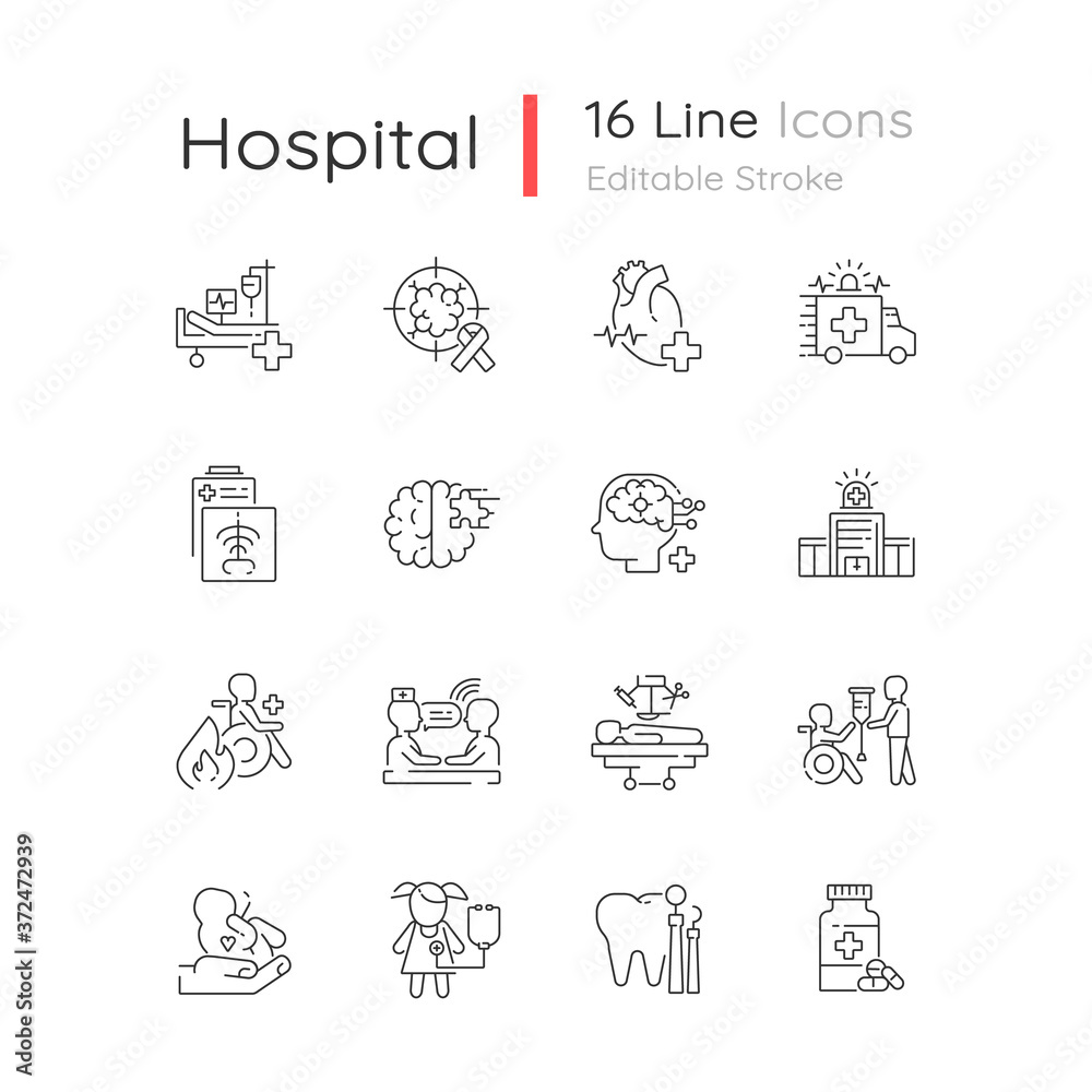 Hospital linear icons set. Walk in clinic. Radiology and cardiology ...