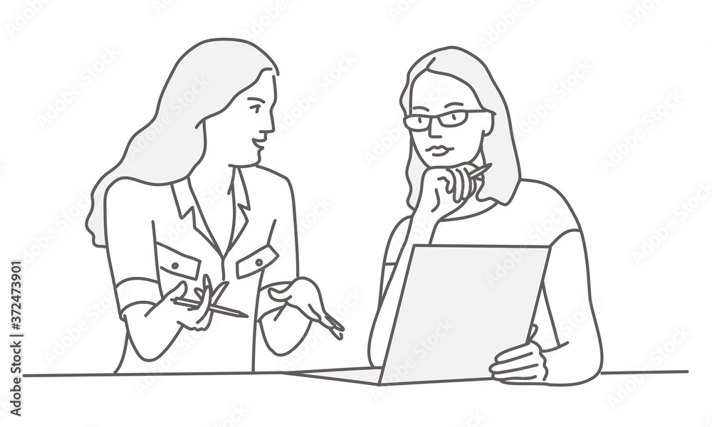 Two young women talking, working on project together. Line drawing ...