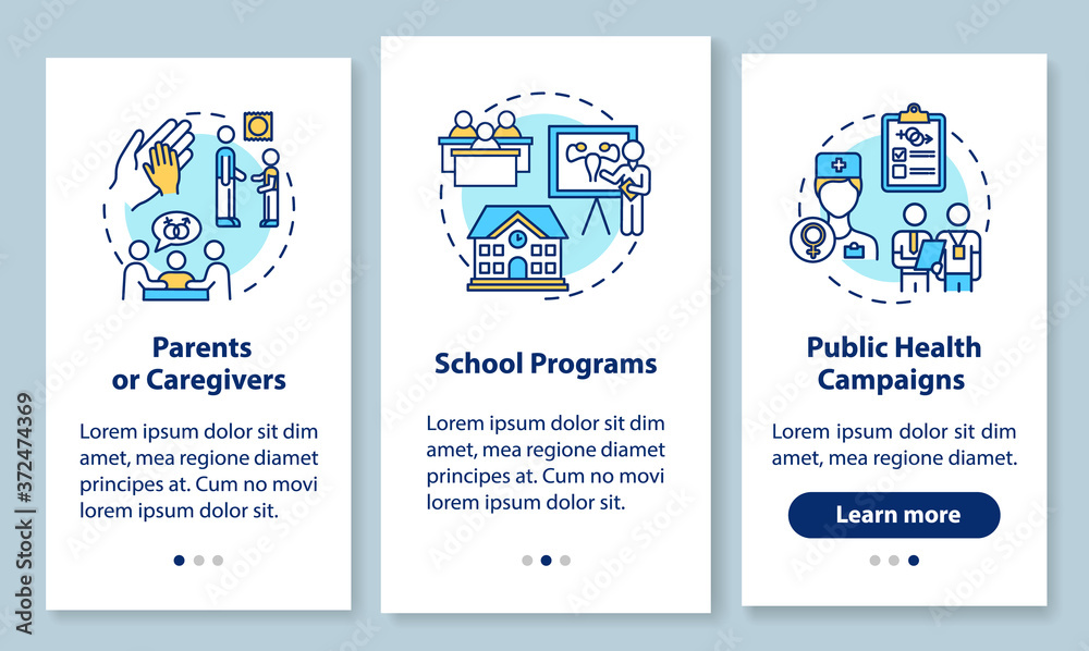 School Program On Sex Ed Onboarding Mobile App Page Screen With Concepts Public Health Campaign