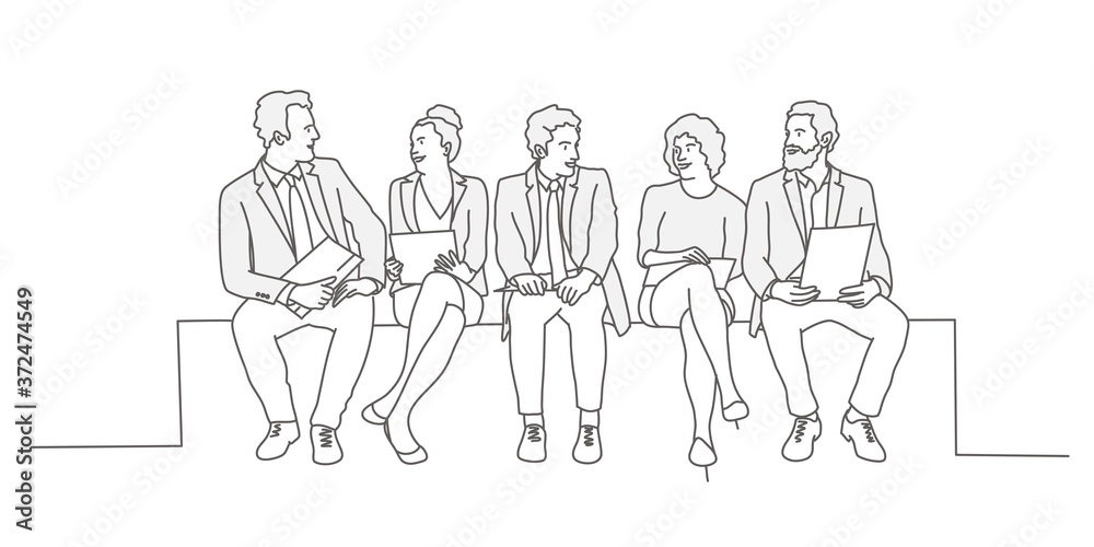 Group of business people sitting in a line. Line drawing vector ...
