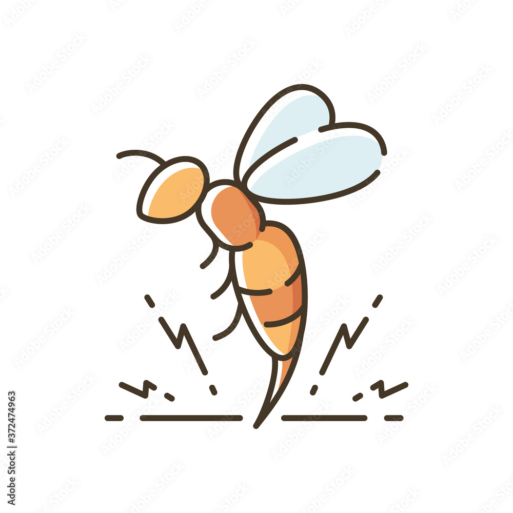 Bee venom RGB color icon. Honeybee attack, flying insect injecting ...