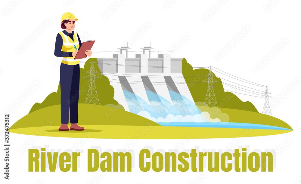 Poster River dam construction semi flat RGB color vector illustration ...