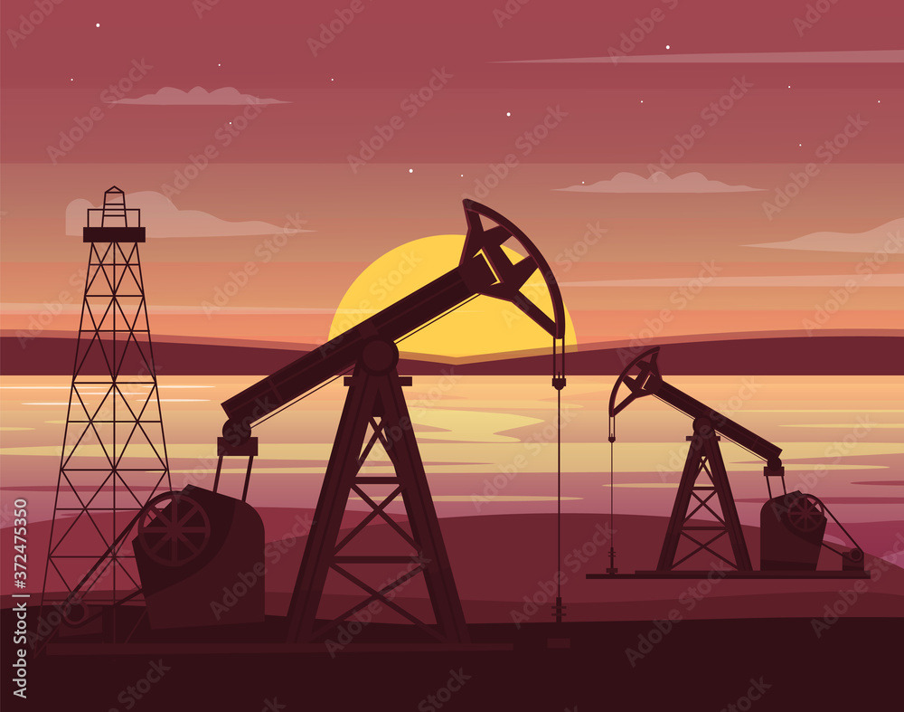 Oil drilling station semi flat vector illustration. Gas industry ...