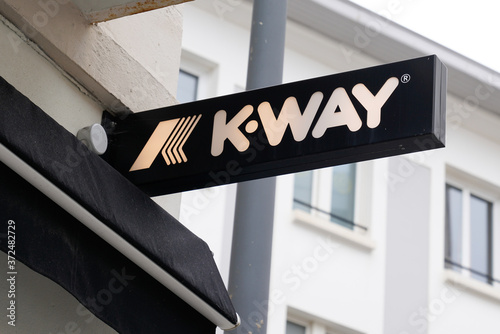 K-Way text logo and sign of Raincoat store and rainproof clothing shop ...