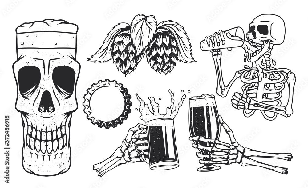 Isolated illustrations set of skeleton hands with beer mugs, skeleton ...