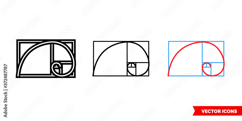 Golden ratio symbol icon of 3 types color, black and white, outline ...