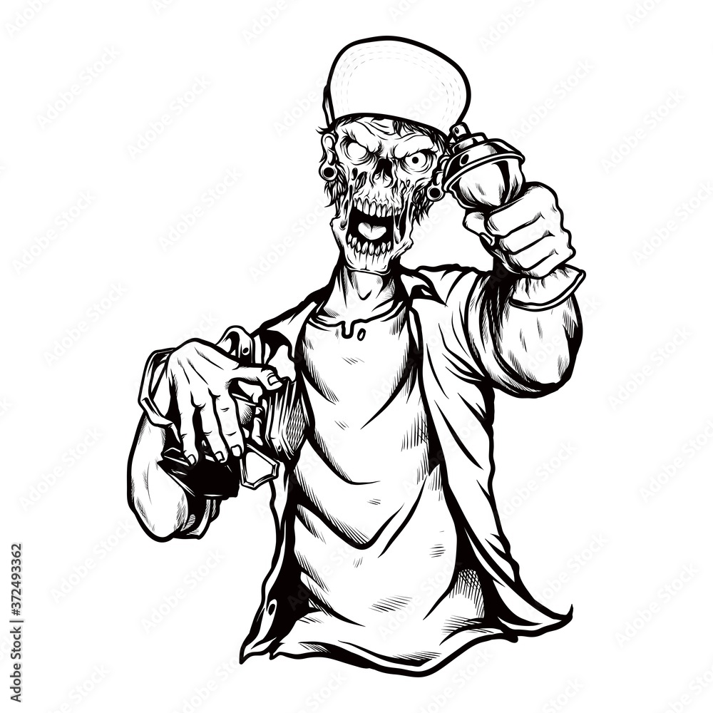 zombie skull wearing cap,manual hand drawing,isolated,easy to edit ...
