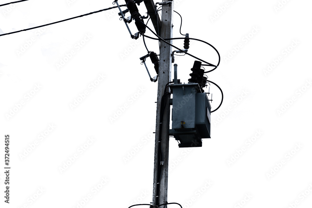 Electric pole with transformer Wooden poles with signs for high voltage ...