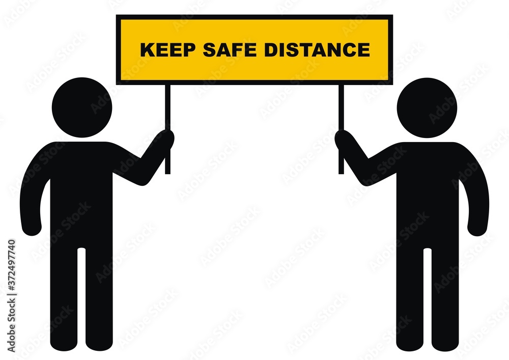 Keep safe distance, two person holding yellow banner, black silhouette ...
