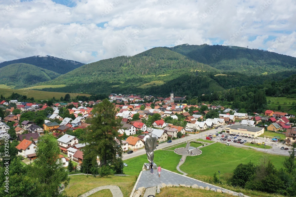 Aerial view of the statue of Janosik in the village of Terchova in ...