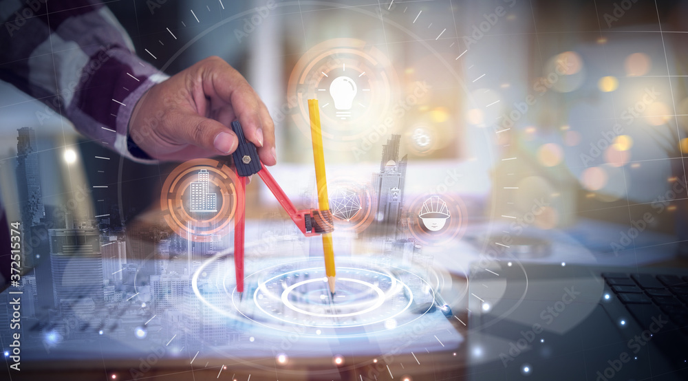 Futuristic modern engineer architecture working on blueprint with ...