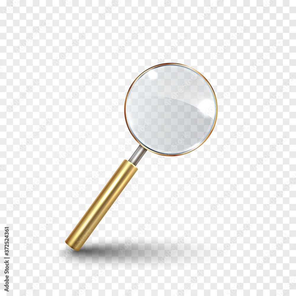 Glass lens magnifier isolated on transparent background. Gold 3d ...