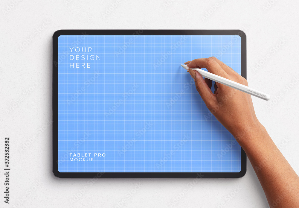 Tablet Pro Mockup with Hand Holding Pencil Stock Template | Adobe Stock