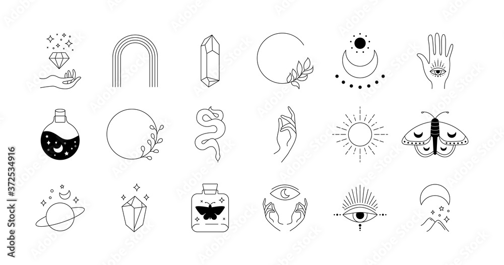 Boho doodle mystic set. Magic simple hand drawn logo icons with snake ...