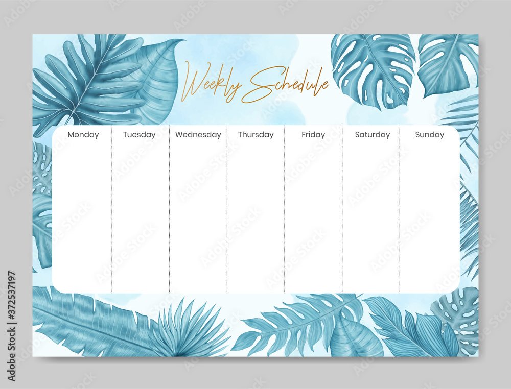 Weekly schedule planner template with blue tropical leaves frame Stock ...