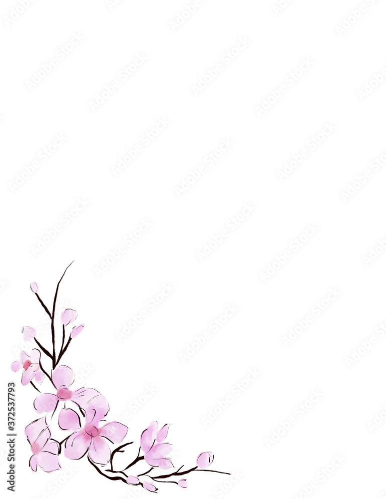 Hand painted cherry blossom border. For greeting cards, posters, menus ...