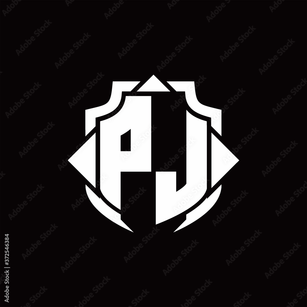 PJ logo monogram with shield line and 3 arrows shape design template ...