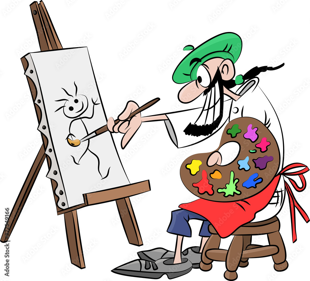 Cartoon artist working on a canvas painting a picture vector ...