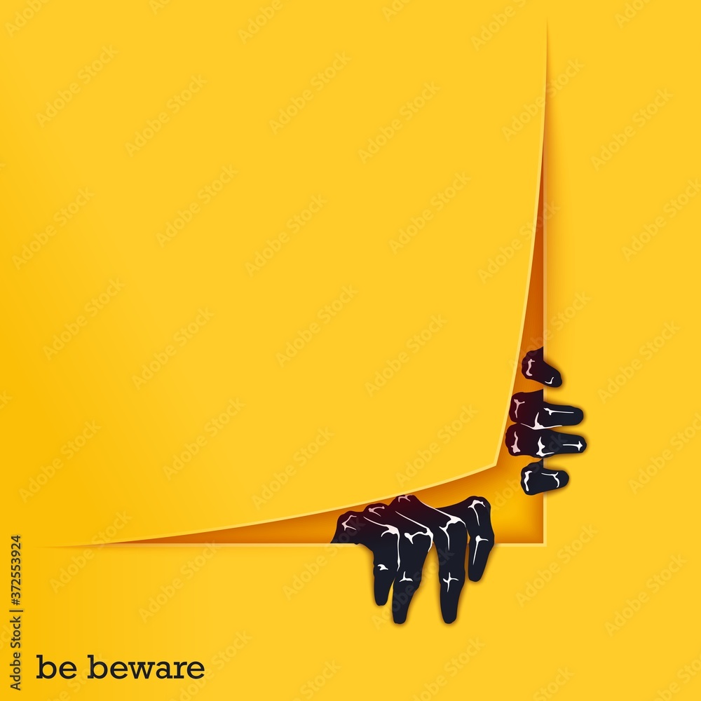 Be beware. Funny poster template for Halloween. Two scaring hands crawl ...
