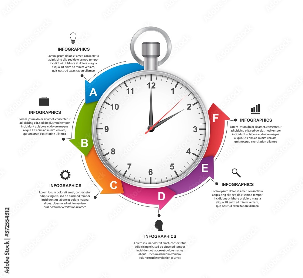 Infographics design template. Stopwatch with a circular arrow and the ...