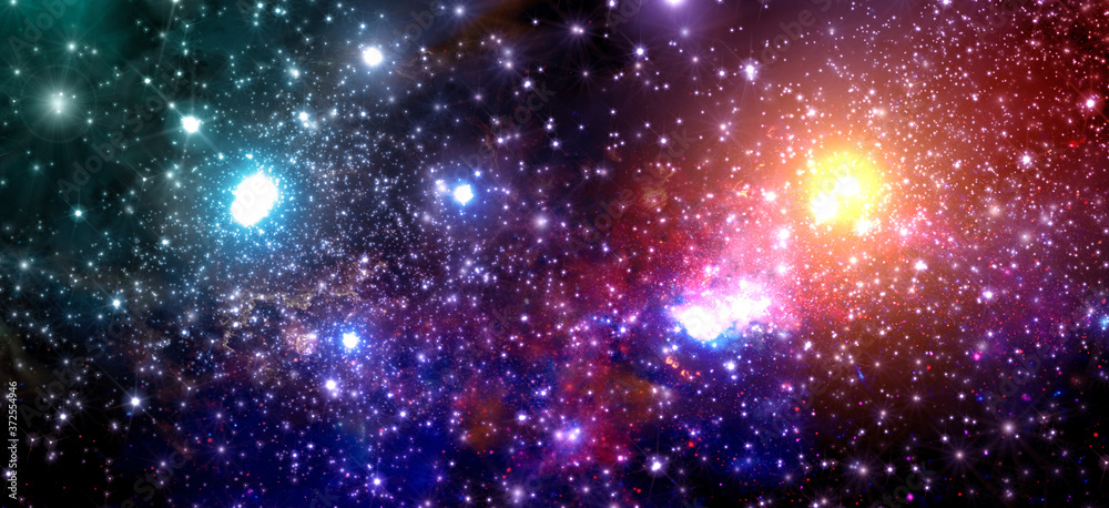 Fictitious colorful star field with nebulae, sparkling stars, suns and ...