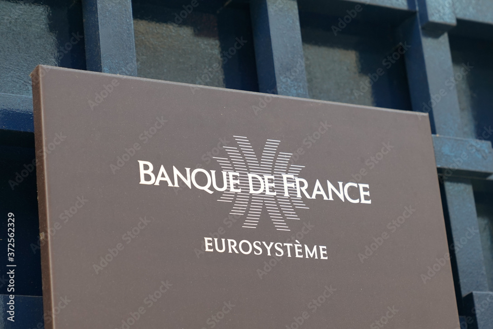 Banque de France logo sign and eurosysteme text on french national Bank ...