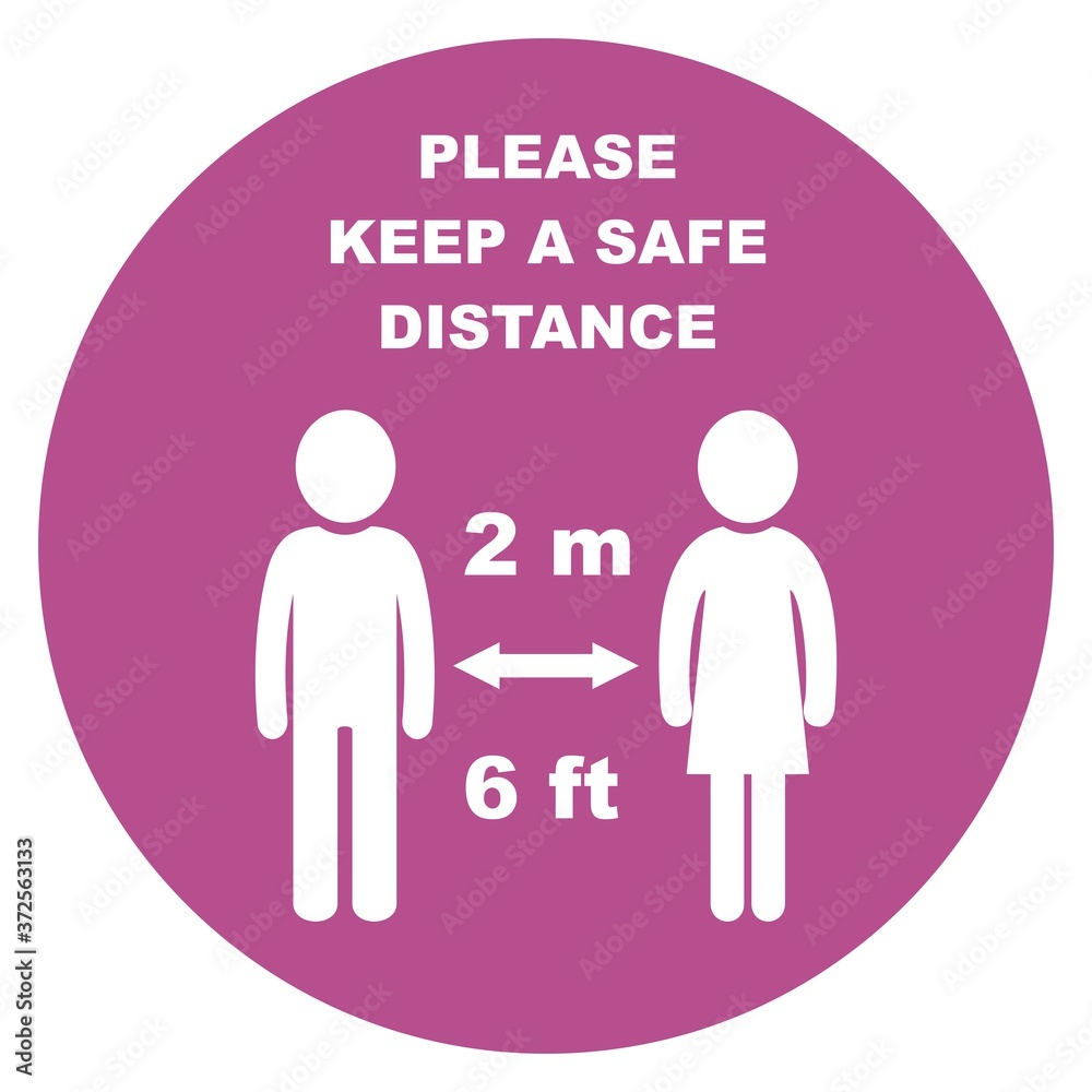 Keep safe distance, white silhouette of person at purple circle frame ...
