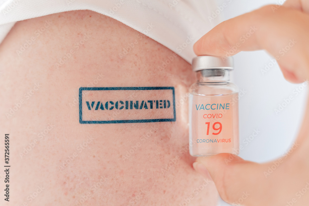 Vial with vaccine for covid-19 coronavirus, flu, infectious diseases ...
