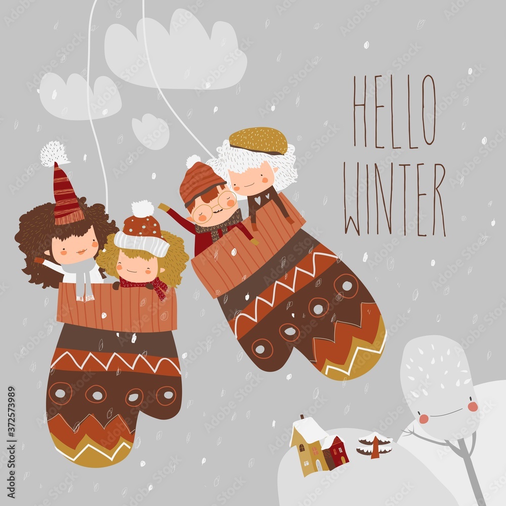Cartoon happy children sitting in mittens. Hello winter Stock Vector ...