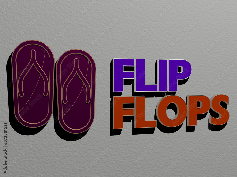 3D representation of flip flops with icon on the wall and text arranged ...