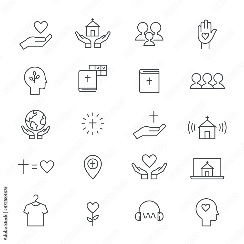 Christian Community, Church and Ministry Line Icons. Flat Vector Design ...