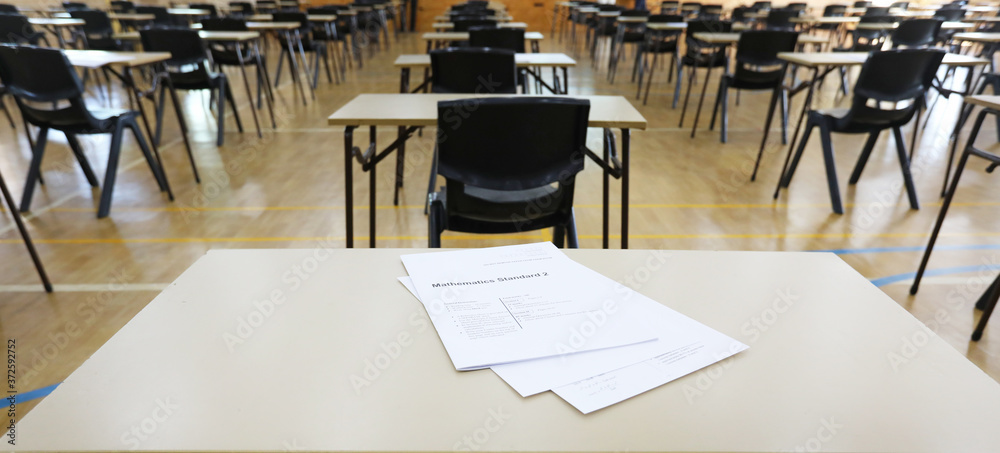 Students eye view of a math mathematics exam examination paper set up ...