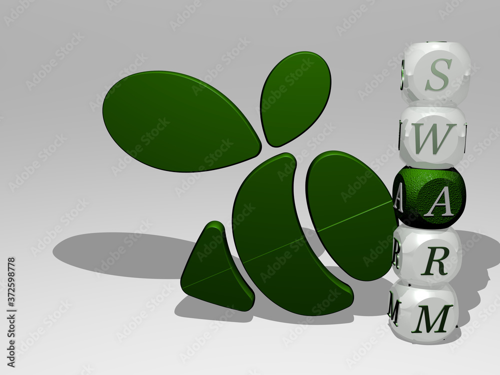 swarm 3D icon beside the vertical text of individual letters, 3D ...