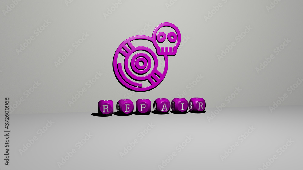 repair 3D icon on the wall and text of cubic alphabets on the floor, 3D ...