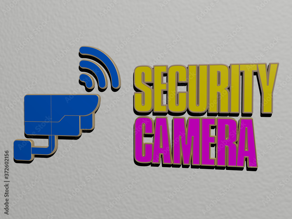 3D graphical image of security camera vertically along with text built ...