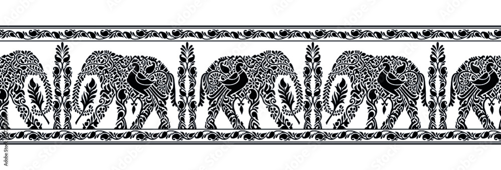 Seamless black and white traditional Asian elephant border design Stock ...