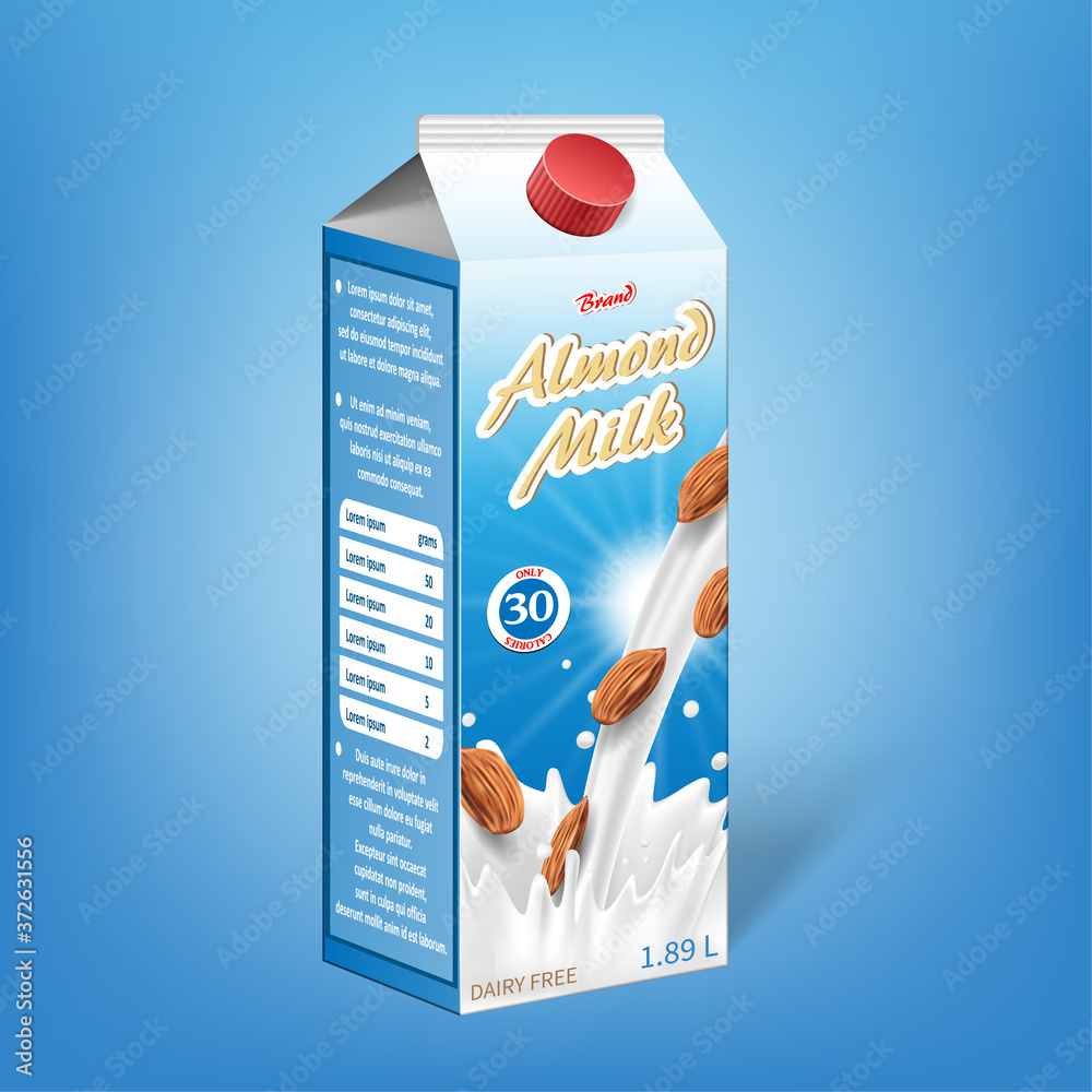 Realistic almond milk carton package. Milk package design isolated ...