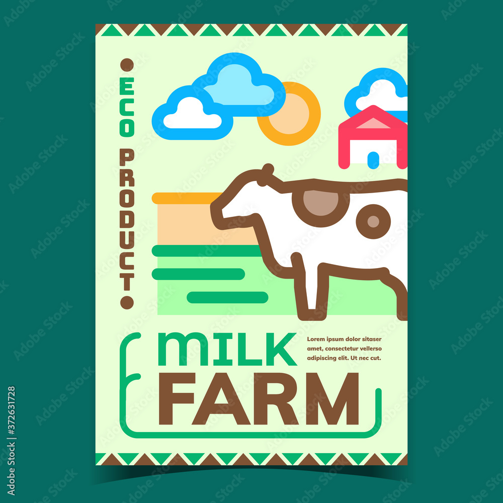 Milk Farm Eco Product Advertising Poster Vector. Cow Farming Animal ...