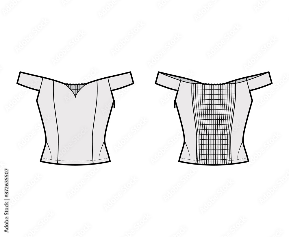 Off-the-shoulder shirred top technical fashion illustration with ...