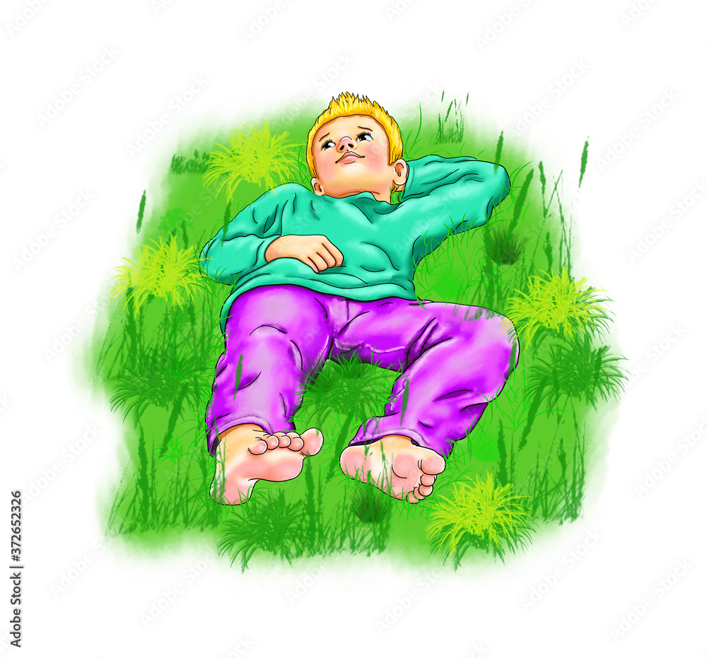 Junge liegt nachdenklich barfuß auf Wiese Rasen Gras schaut nach oben ...