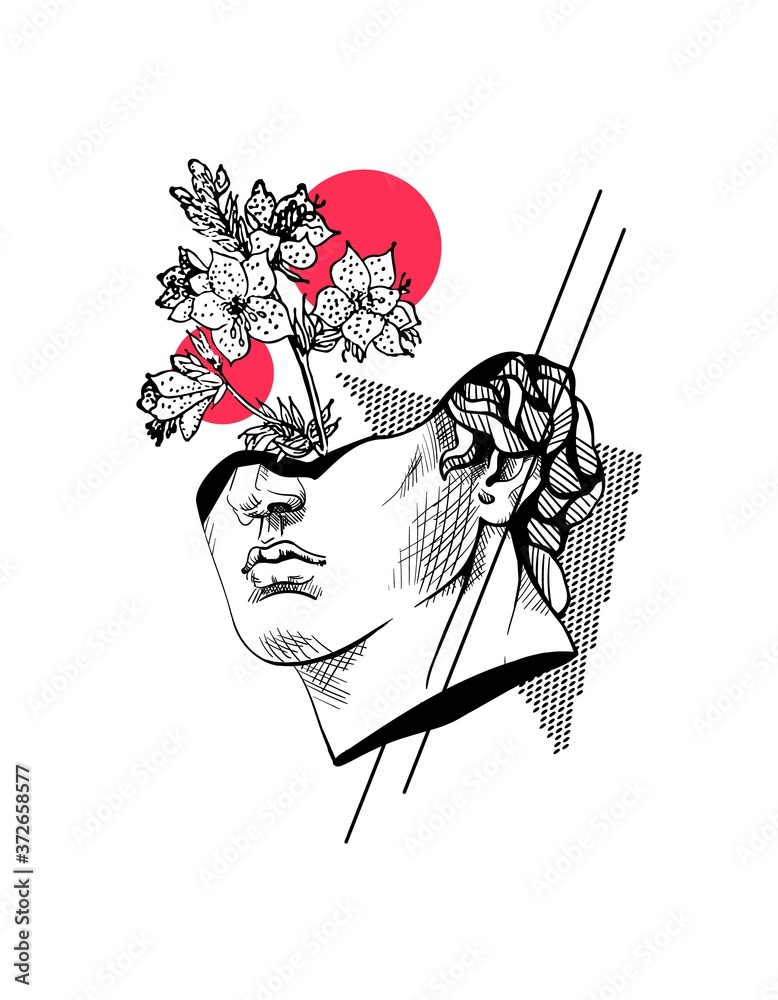 Creative trendy abstract poster with sculpture of Apollo, flower and ...