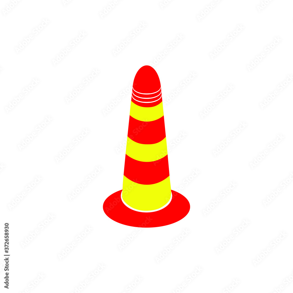 Road safety cone, flat icon. Red yellow warning sign. A symbol ...