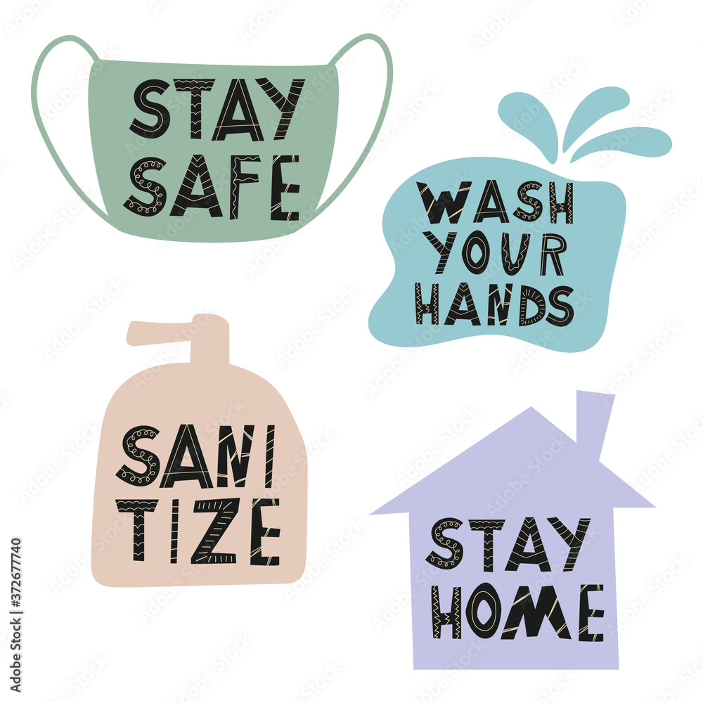 Coronavirus Covid-19 hand-lettered icon set. Stay home, stay safe, wash ...
