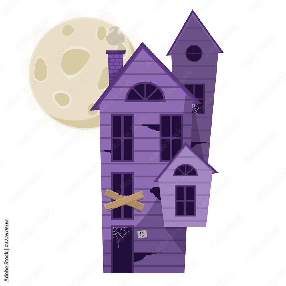 Cartoon haunted poorple wooden witch house with big moon. vector ...