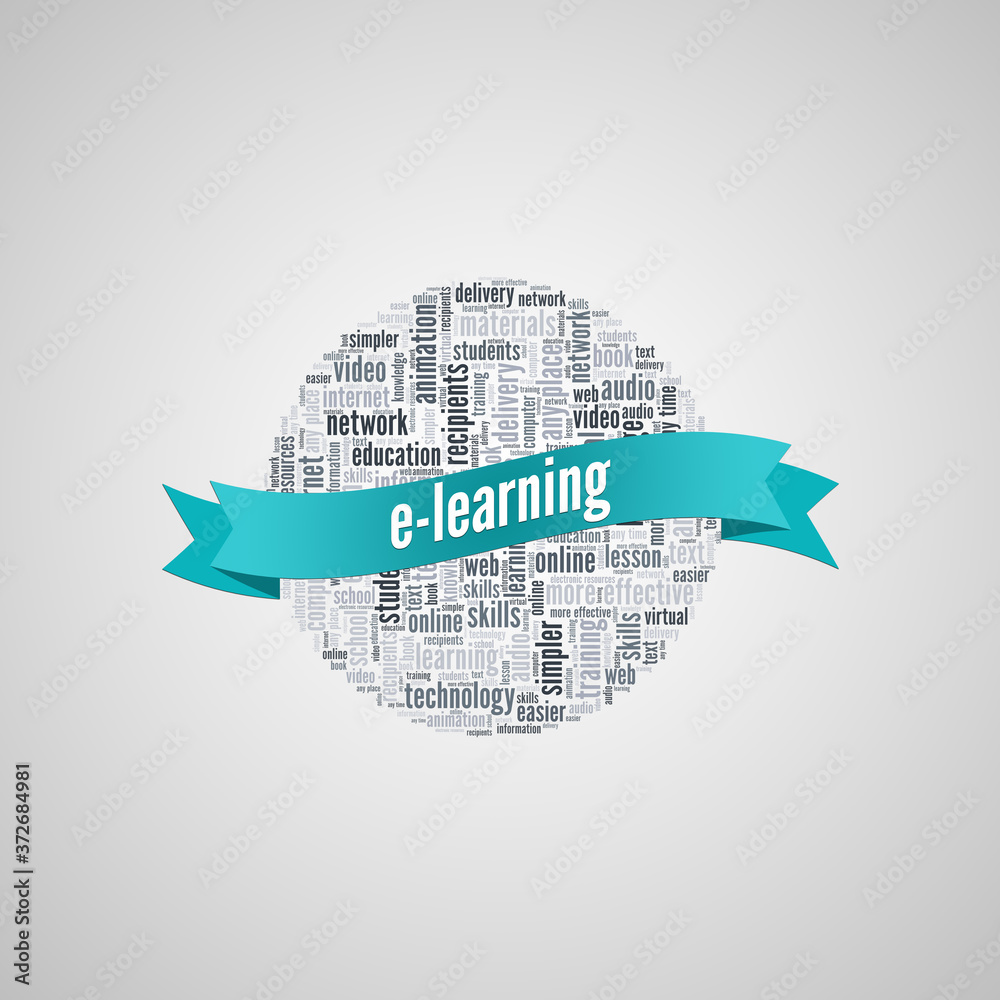 E-learning word cloud with blue ribbon over grey gradient background ...